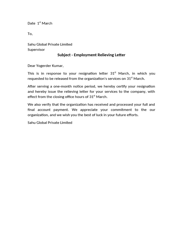 Employment Relieving Letter Issued | PDF