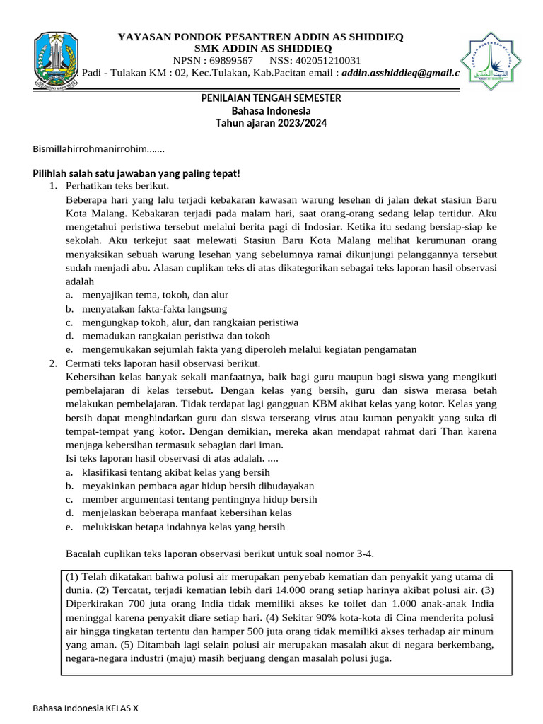 Soal PTS Ganjil Bahasa Indonesia Kelas X FIX | PDF