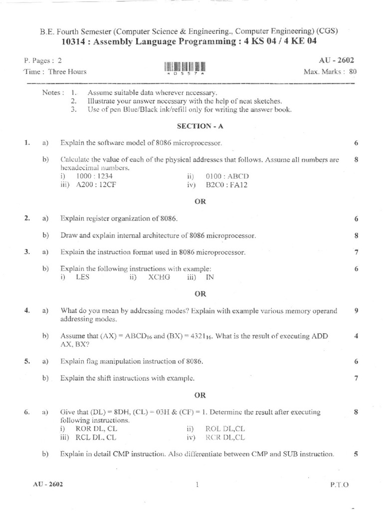 2018 AU (Summer) CSE CE Assembly Language Programming | PDF | Assembly Language | Computer Hardware