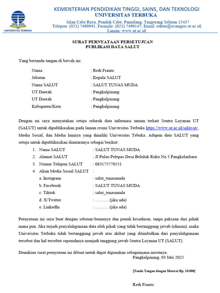 Surat Pernyataan Persetujuan Publikasi Data Salut | PDF