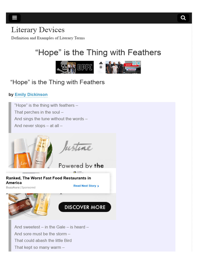 "Hope" Is The Thing With Feathers Analysis - Lite | PDF | Poetry | Poetics