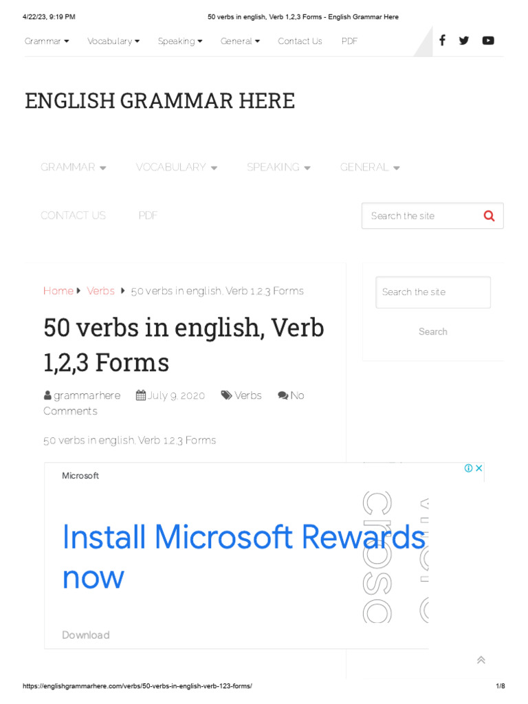 50 Verbs in English, Verb 1,2,3 Forms - English Grammar Here | PDF ...