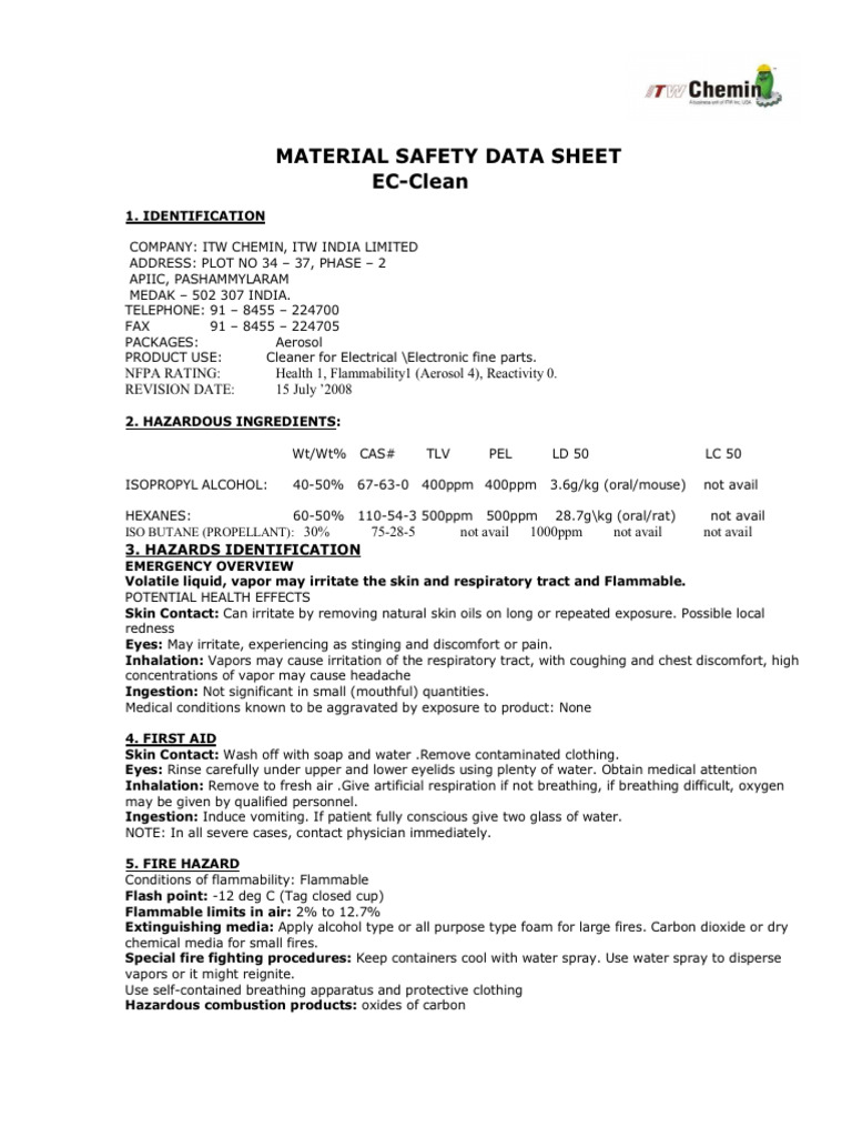 EC-Clean Material Safety Data Sheet | PDF | Fires | Water