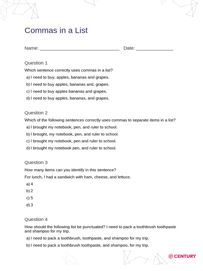 Commas in A List - Student Sheet 2025-05-31 | PDF