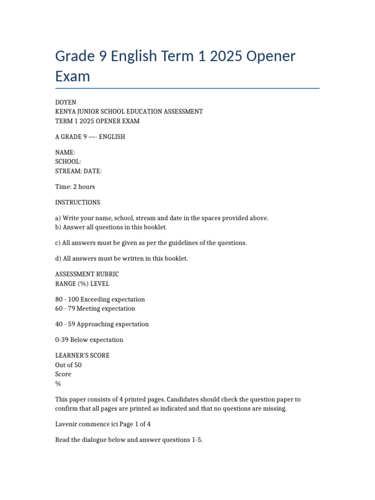 Grade 9 English Term1 2025 Opener Exam OCR | PDF