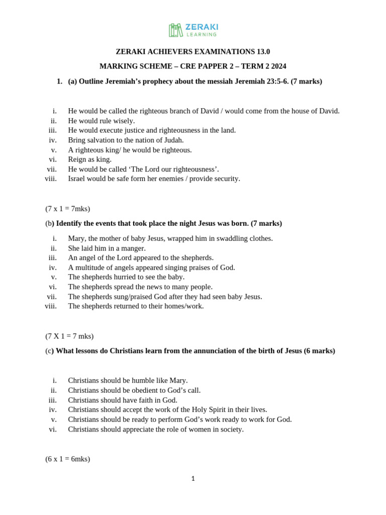 C.R.E. - Paper 2 - Marking Scheme | PDF | Jesus | Revelation