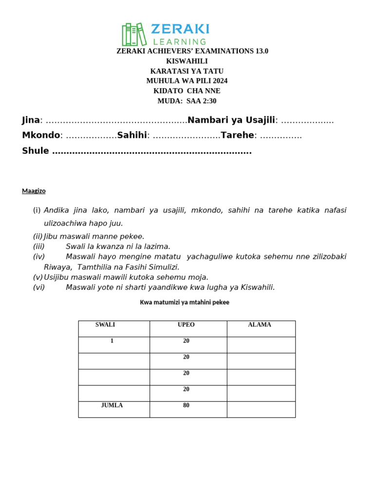 Kiswahili - Paper 3 - Question Paper | PDF
