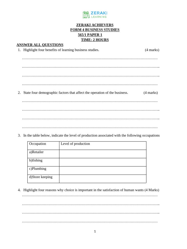 Business Studies - Paper 1 - Question Paper | PDF | Taxes | Economies