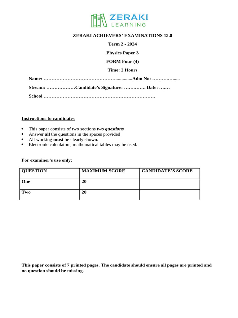 KCSE 2024 Physics Paper 3 Exam | PDF