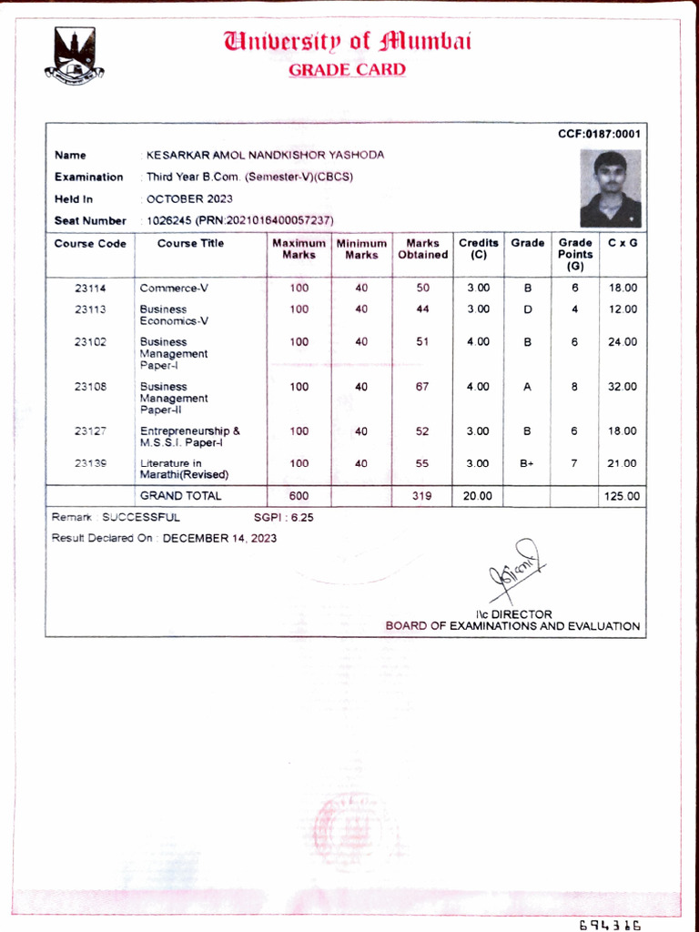 Sem 5 Marksheet | PDF