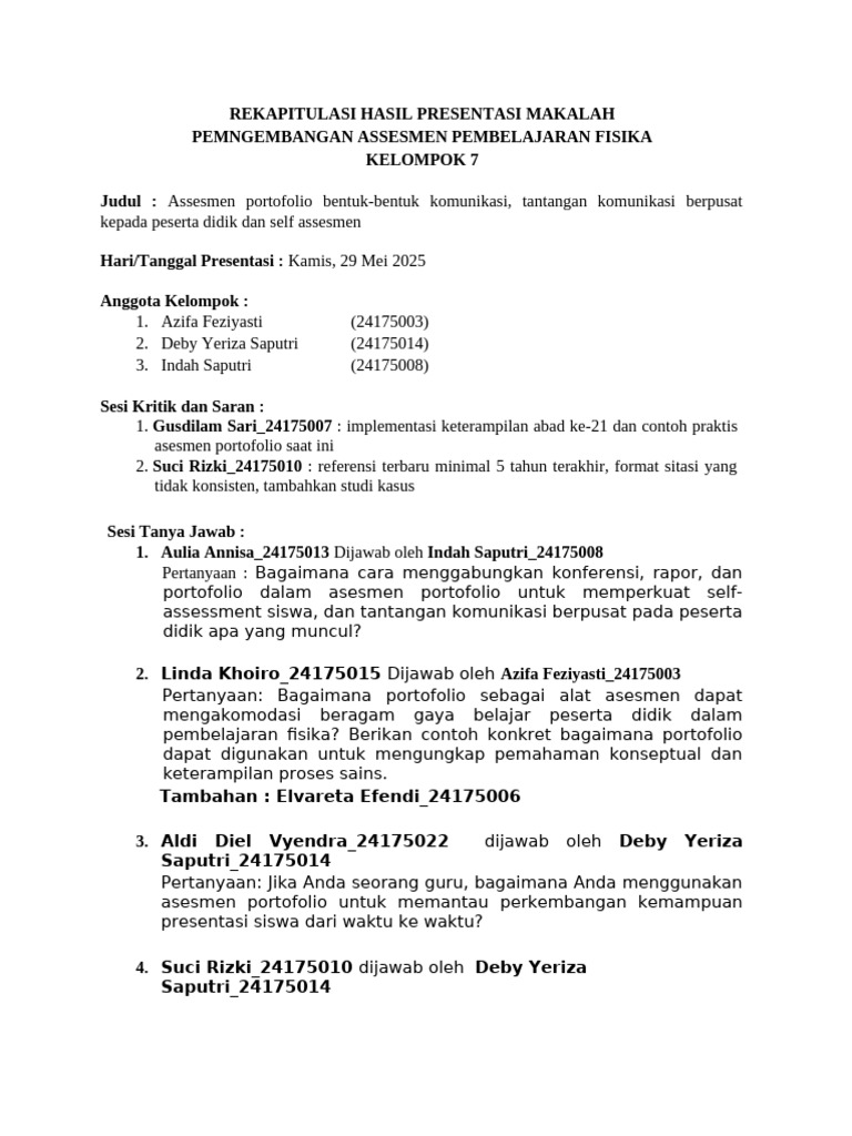 Rekapitulasi Hasil Presentasi Makalah Kelompok 7 | PDF