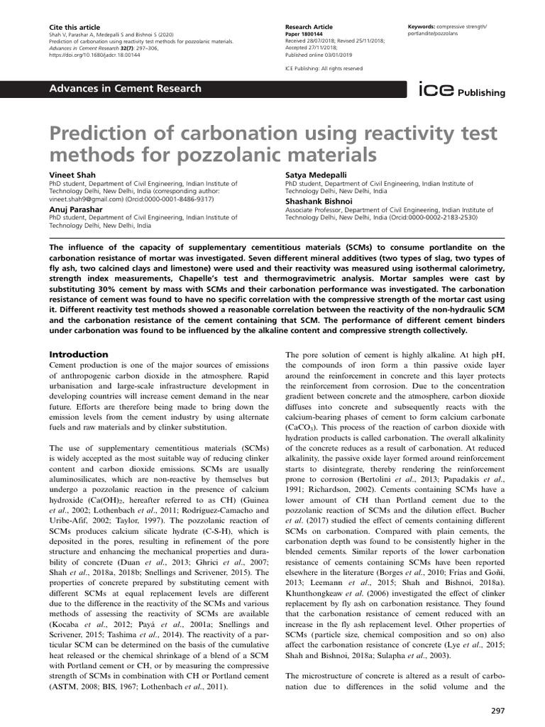 Prediction of Carbonation Using Reactivity Test Methods For Pozzolanic ...