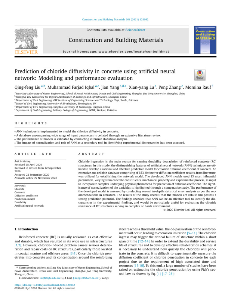 Prediction of Chloride Diffusivity in Concrete Using Artificial Neural Network - Modelling and ...