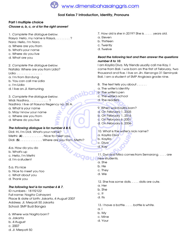 DBI - Soal Kelas 7 Introduction, Identity, Pronouns | PDF