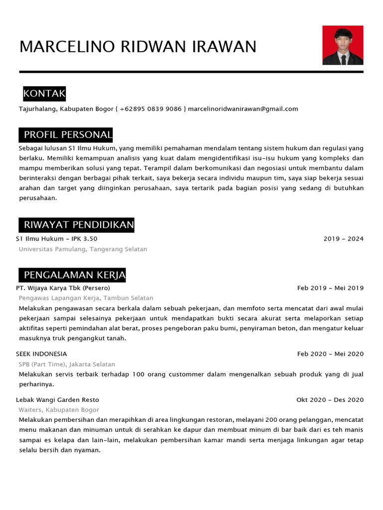 CV Marcelino Ridwan Irawan TERBARU 2024 NEW-2 (1) | PDF