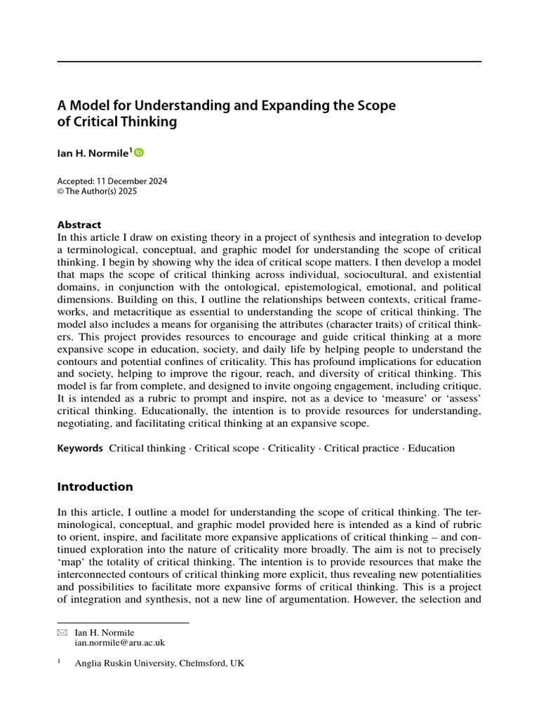 A Model For Understanding and Expanding The Scope of Critical Thinking ...