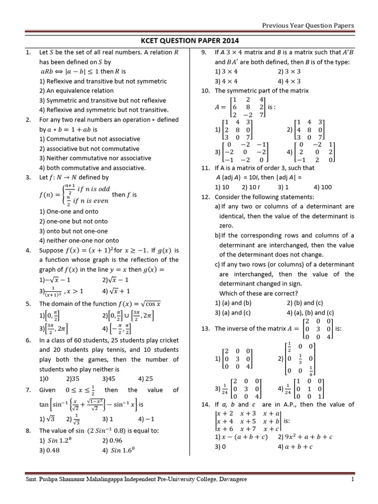 14 Previous Year Question Papers | PDF | Determinant | Function ...
