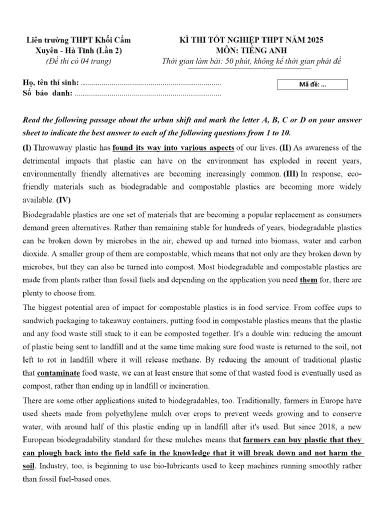 106. Liên Trường THPT Khối Cẩm Xuyên - Hà Tĩnh (Lần 2) (Thi Thử TN THPT Năm 2025 Môn Tiếng Anh ...