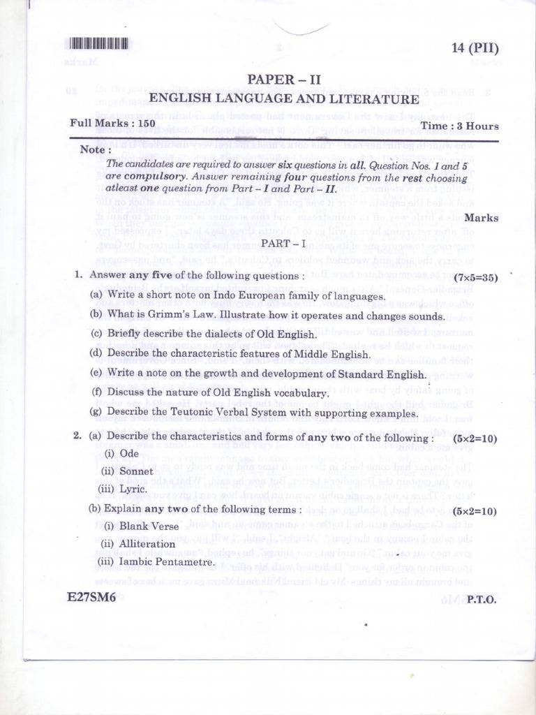 English Language and Literature Paper - II | PDF