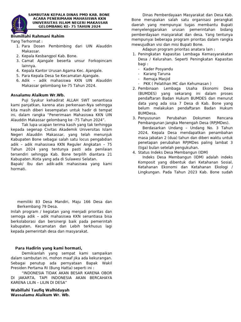 Sambutan Kabid KKN Ajangale | PDF