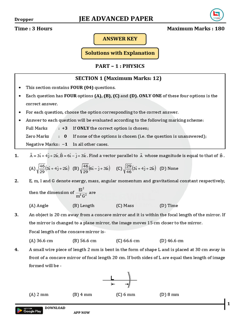 Jee Advanced Test 1 Paper 1 25 May 2025 Answer Key Solutions Pdf