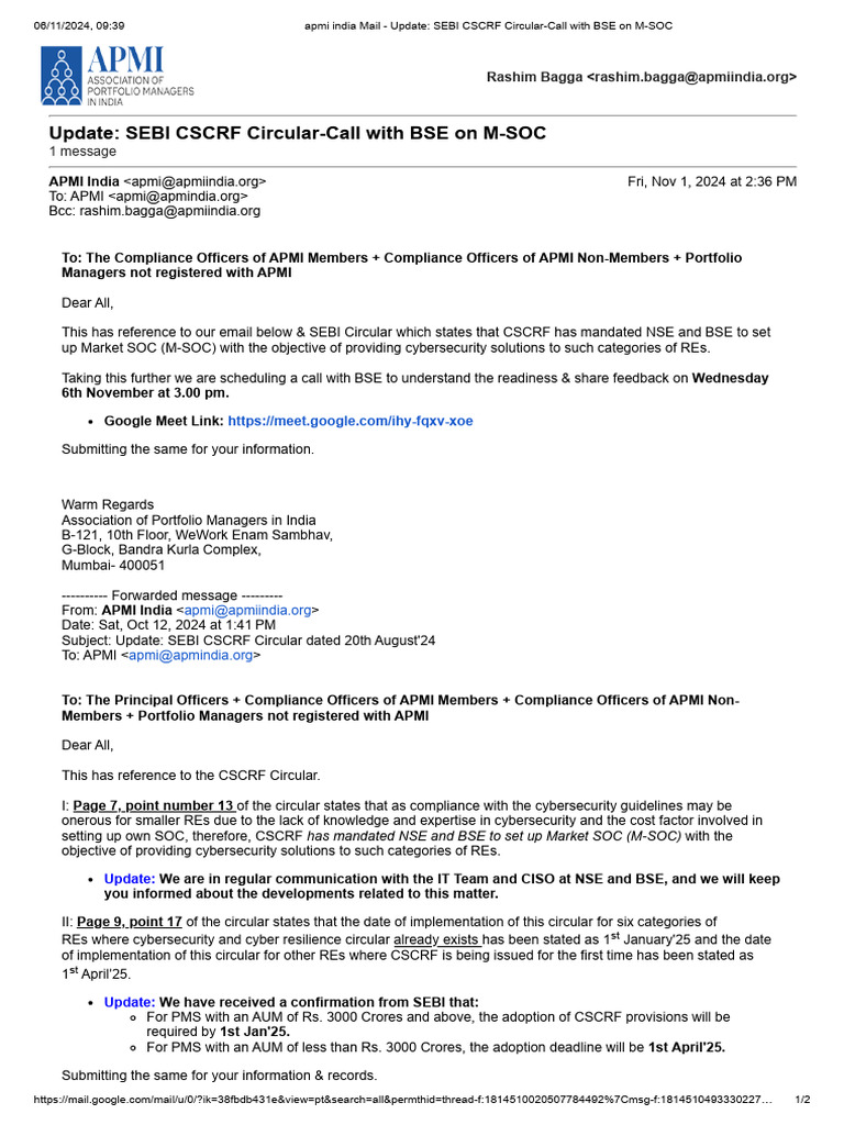 Apmi - Update On Sebi CSCRF Circular | PDF | Knowledge Economy ...