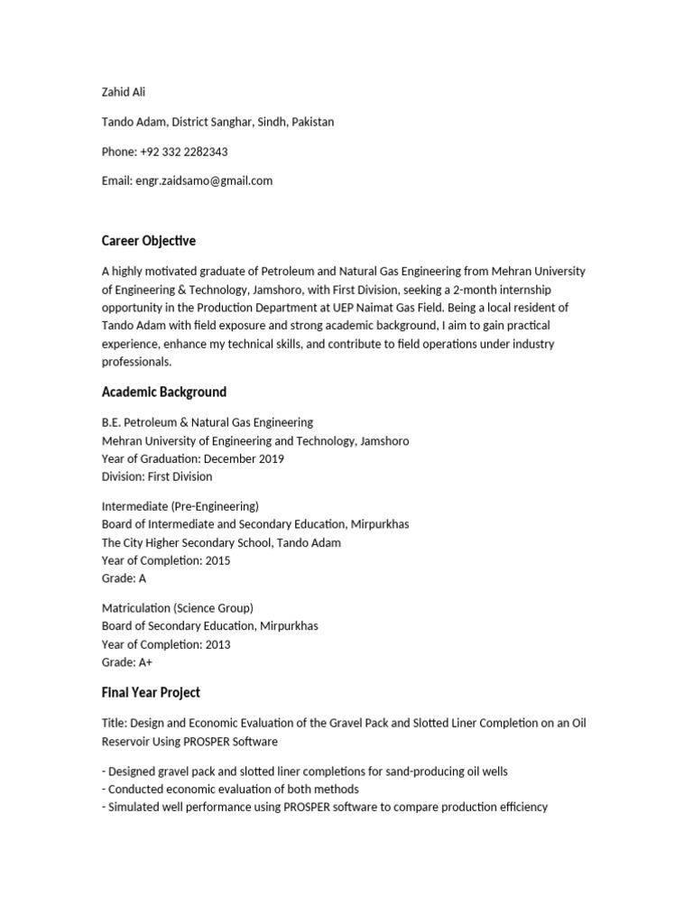 Petroleum Engineering Internship Resume | PDF