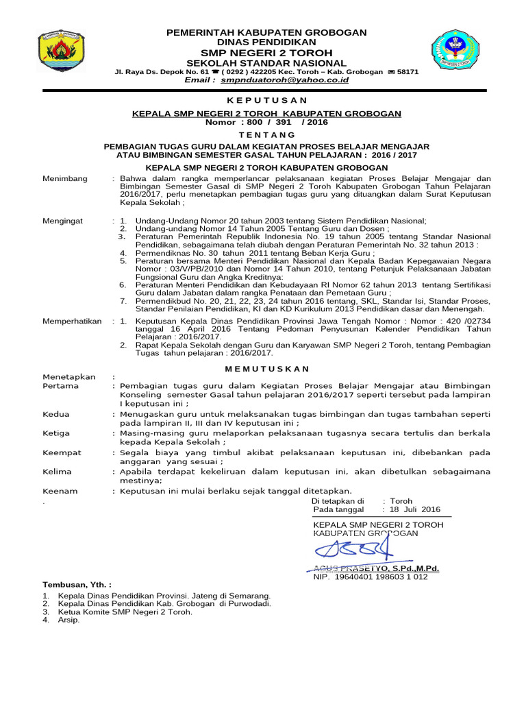 Konsideran SK Pembagian Tugas Guru TH 20162017 | PDF