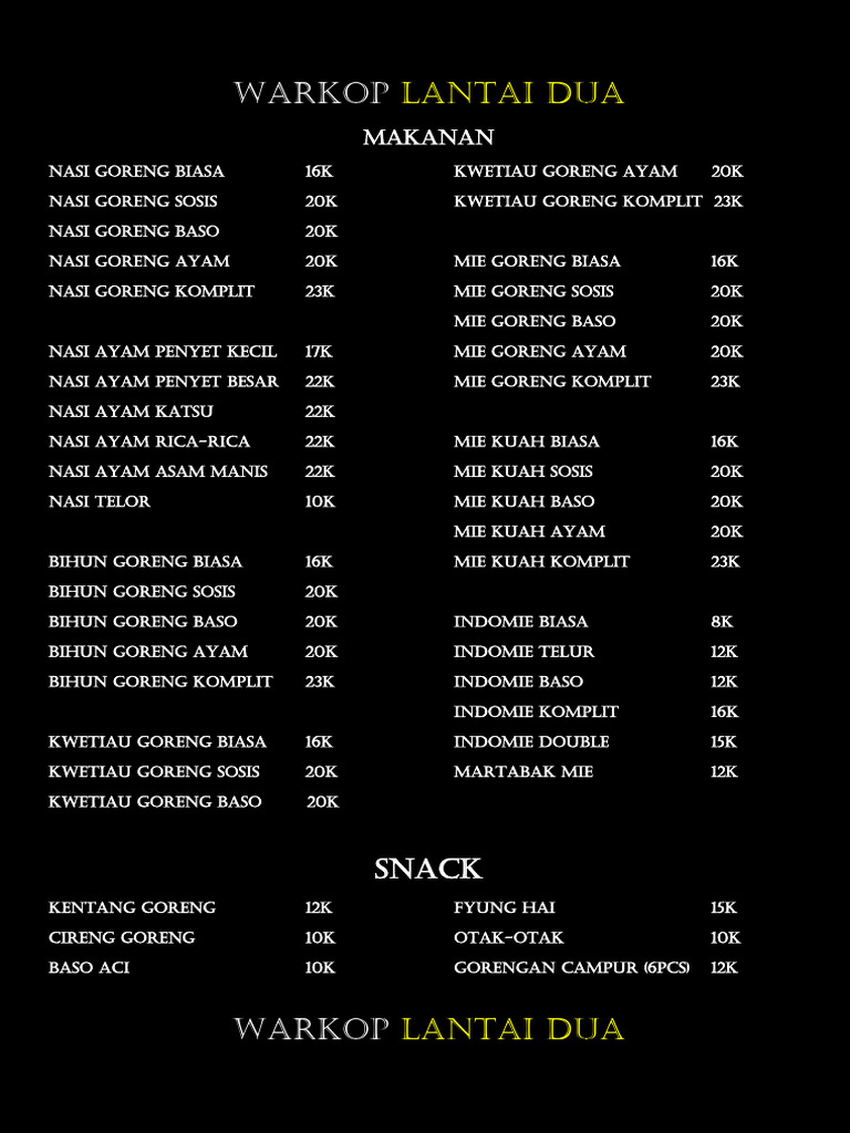 Daftar Harga Warkop Lantai Dua Revisi 3 | PDF