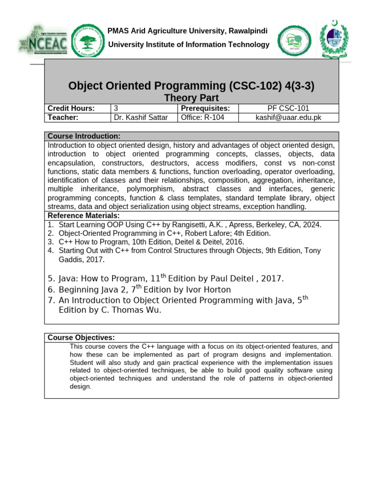 OOP (CSC-102) Theory & Practical Course Outline Spring 2025 03mar25 | PDF | Class (Computer ...