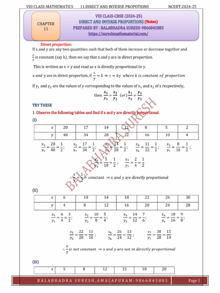 Viii Ncert2024!25!11.Direct and Inverse Proportions Notes Wbimg | PDF