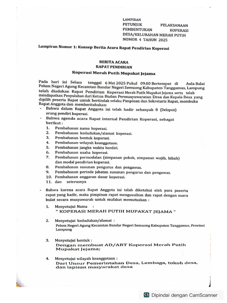 Berita Acara Rapat Anggota Koperasi Mupakat Jejama 2025 | PDF