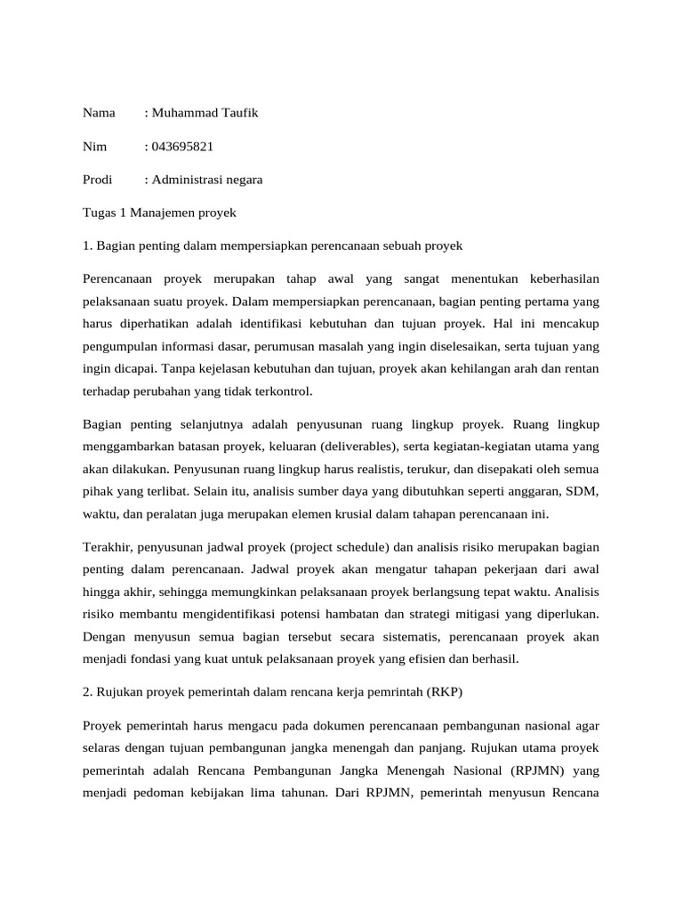 Tugas 1 Manajemen Proyek Dengan Kode Matakuliah ADPU4338 | PDF