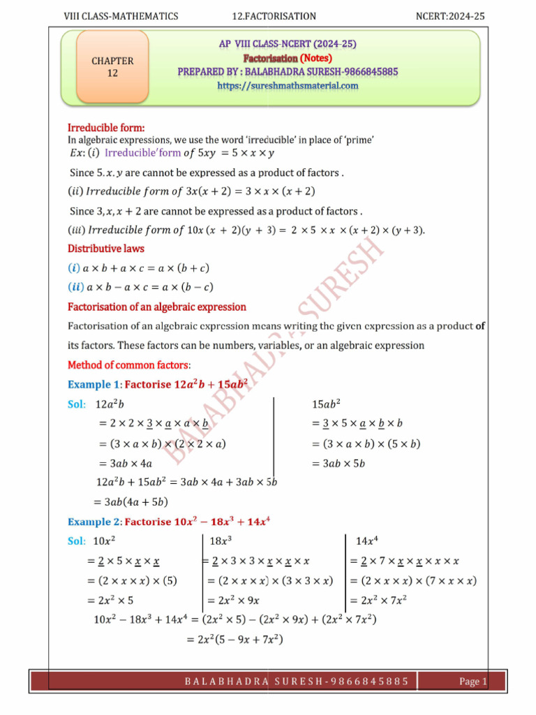 VIII NCERT2024!25!12. Factorisation Notes Wbimg | PDF