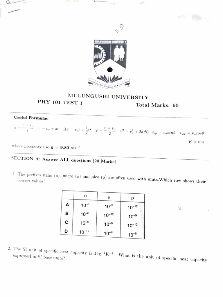 Phy 101. Test 1 2021 | PDF