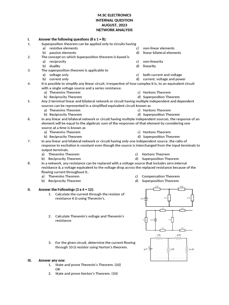 MSc-I First Internal Examination | PDF | Electrical Network | Analog ...