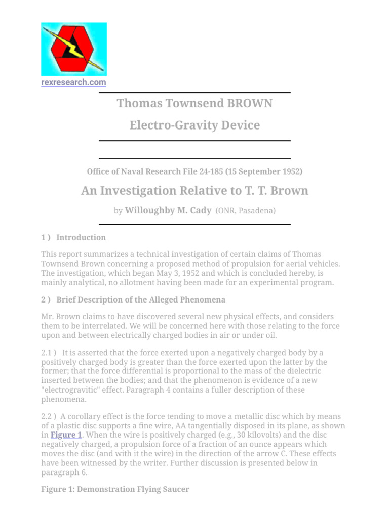 Thomas Townsend Brown Electro Gravity Devices Office of Naval Research ...