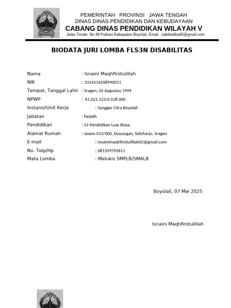 Formulir Biodata Juri Lomba Fls3n SLB | PDF