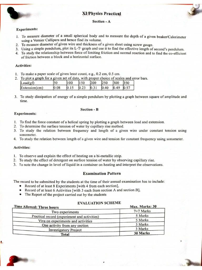 XI Physics Practicals List | PDF
