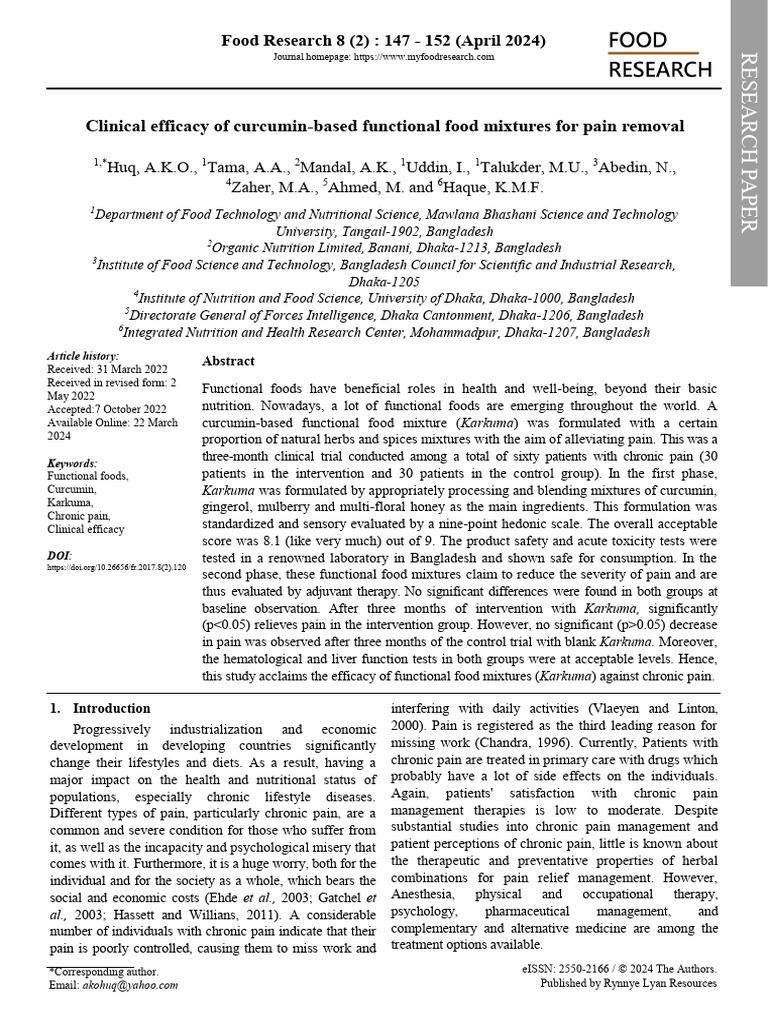 Curcumin Based Functional Food - Food Research | PDF | Chronic Pain | Pain