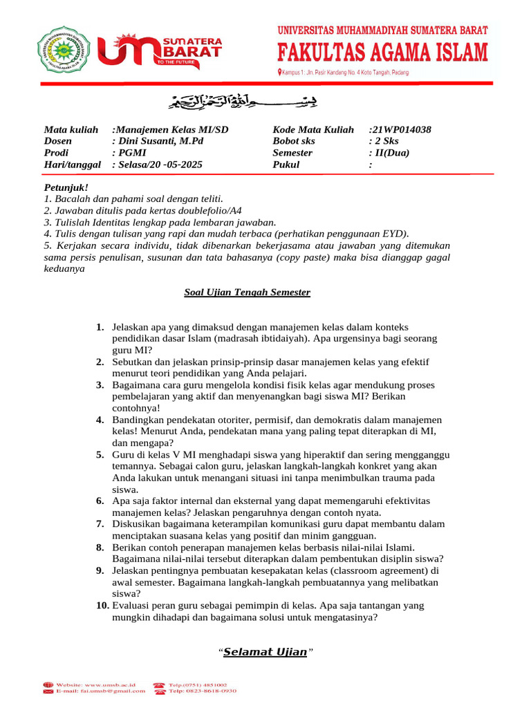 Soal UTS Manajemen Kelas | PDF