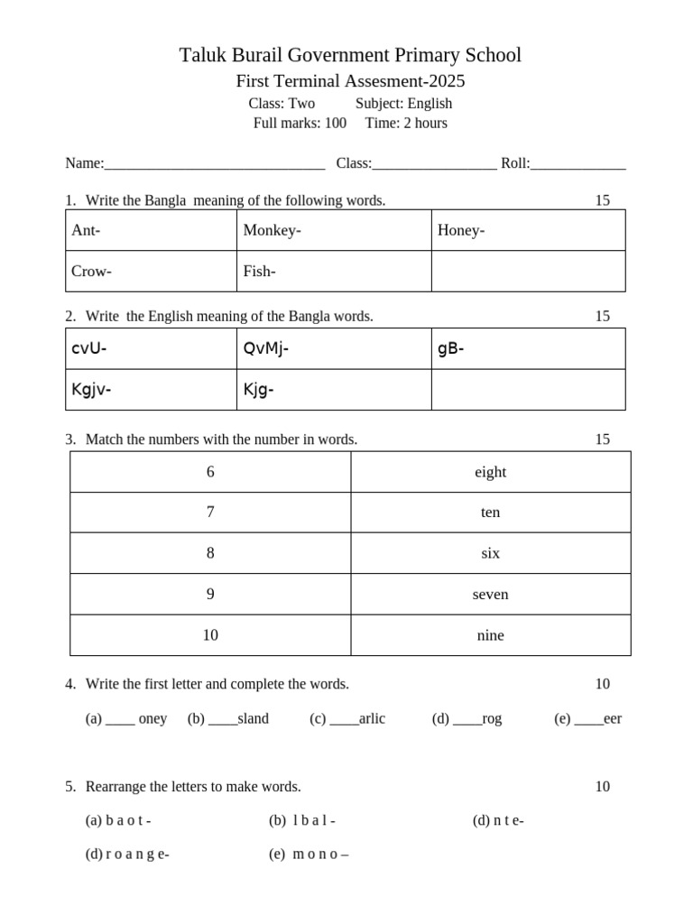 Class 2 English Assessment 2025 | PDF