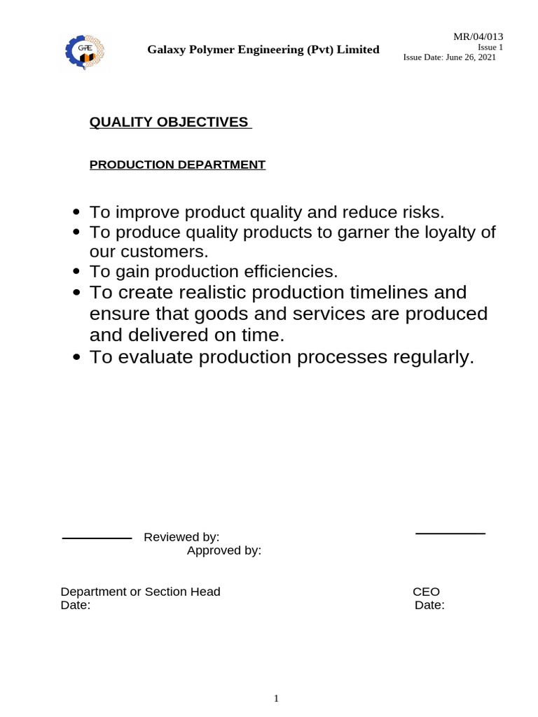 Quality Objectives Production | PDF