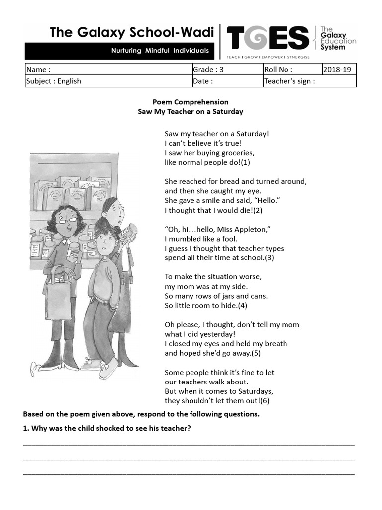 2018-19 - Poem Comprehension - Saw My Teacher On A Saturday - Nandini | PDF