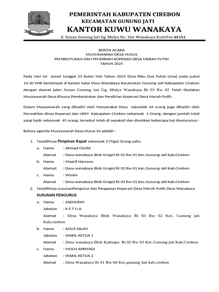 BERITA ACARA MUSDESSUS KOPDES MP KAB CIREBON 2025 WNK | PDF