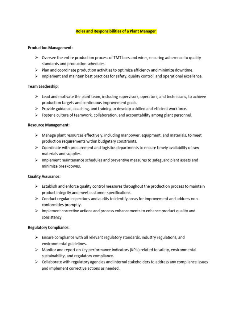 Plant Manager Roles and Responsibilities | PDF | Regulatory Compliance ...