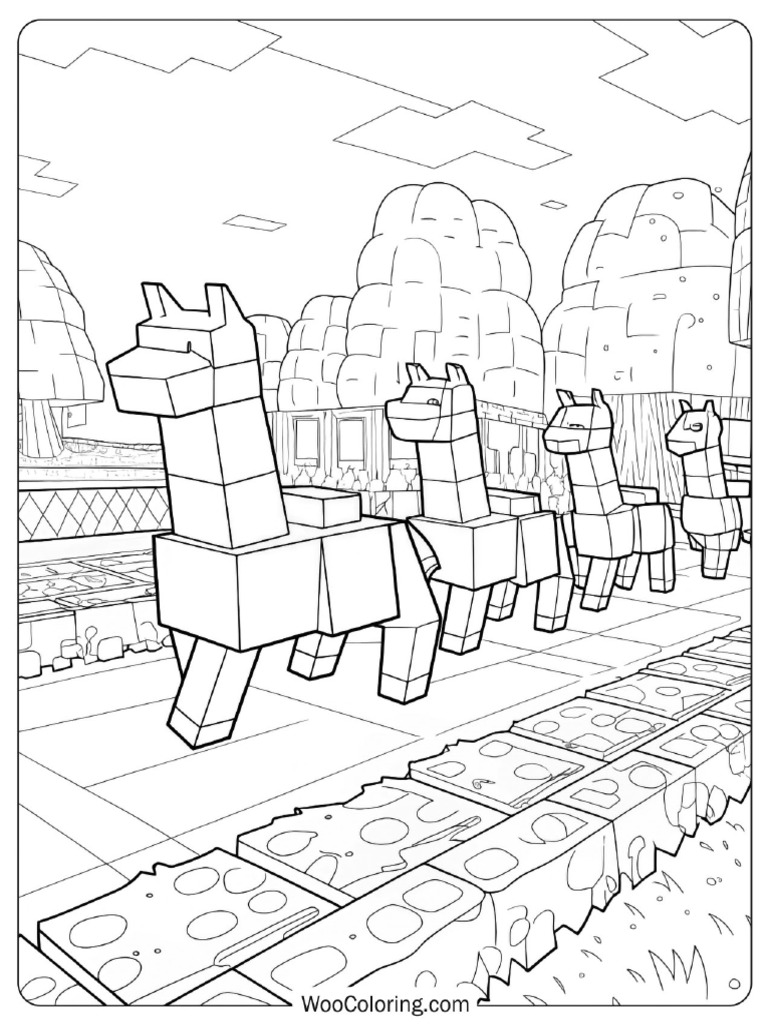 Coloring Page of Minecraft Llama Caravan | PDF