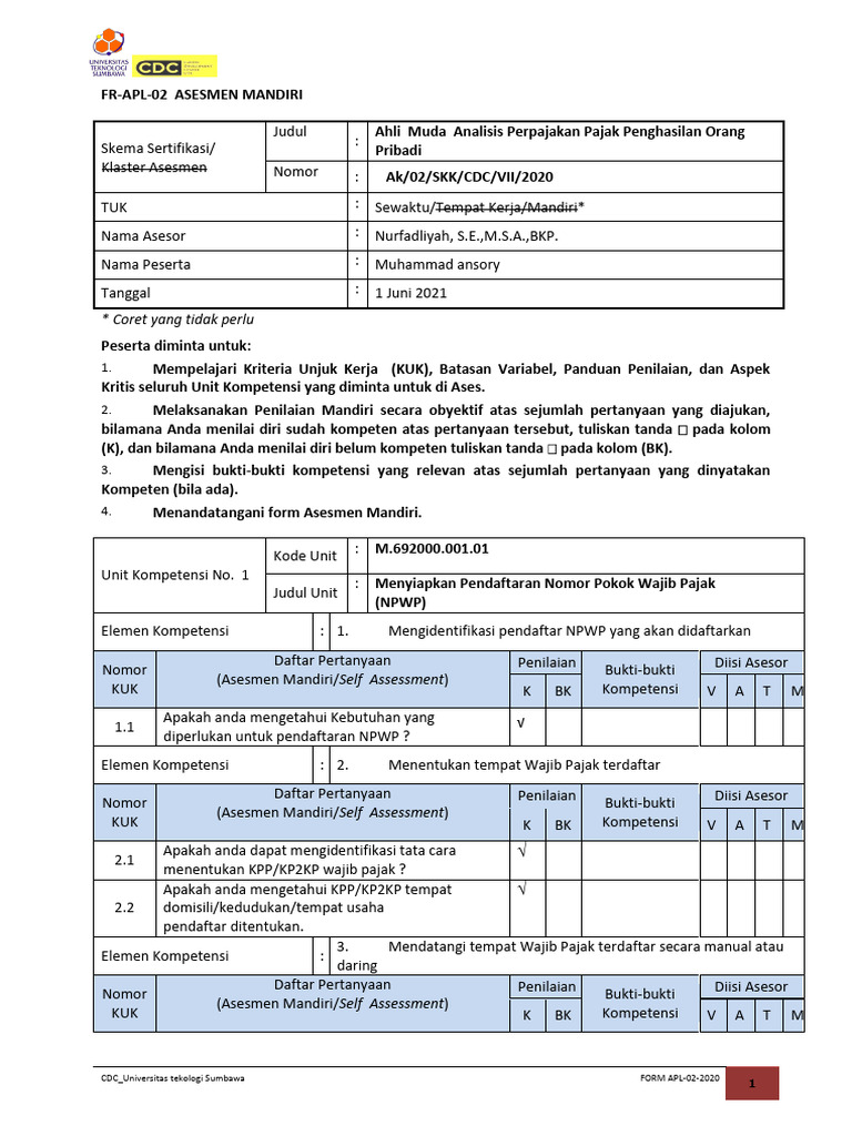 02.-FR-APL-02-2020 (Ahli Muda Analisis Perpajakan PPH21 | PDF
