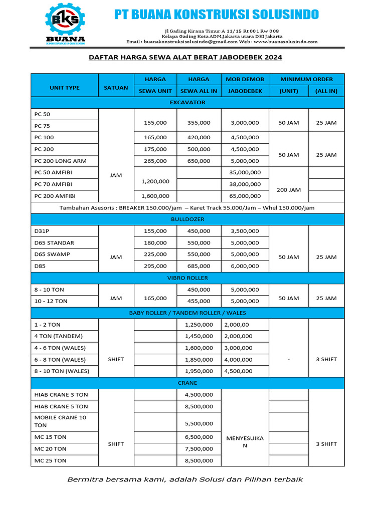 Daftar Harga Sewa Alat Berat 2024 | PDF
