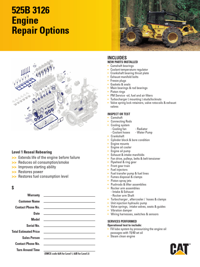 525B 3126 Engine Repair Options Spec Sheet | PDF | Engines | Pump
